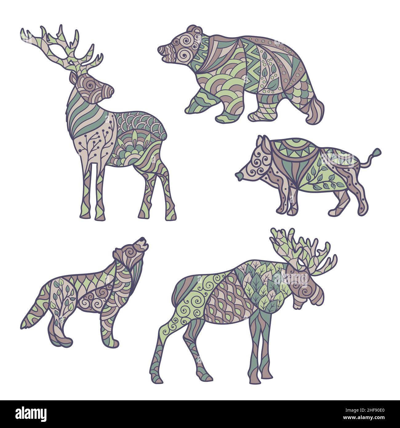 Vector set of forest animals with abstract zen art patterns, isolate on ...