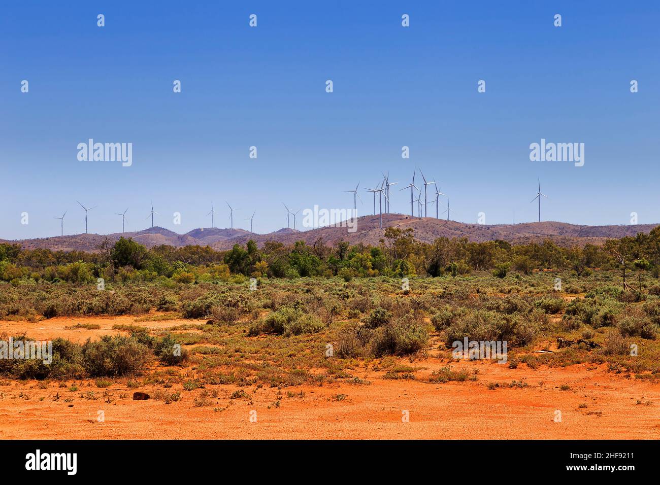 Chain of wind turbines on hop of hill range near Silverton ghost town ...