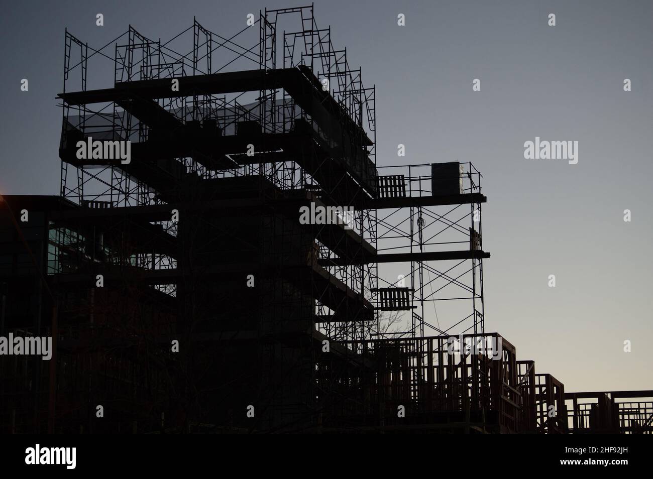 Scaffolding in place for construction of elevator shafts in an ...
