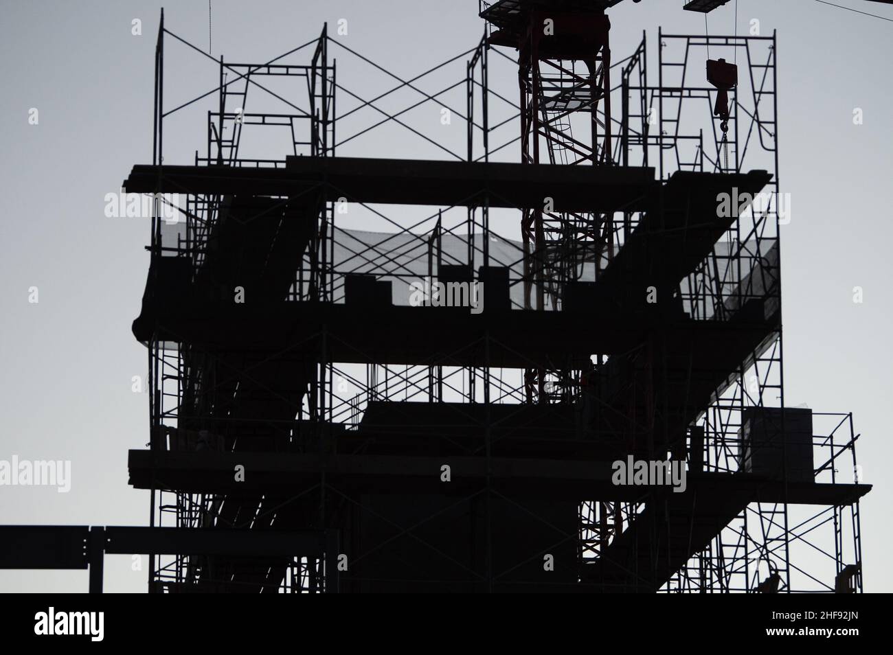 Scaffolding in place for construction of elevator shafts in an ...