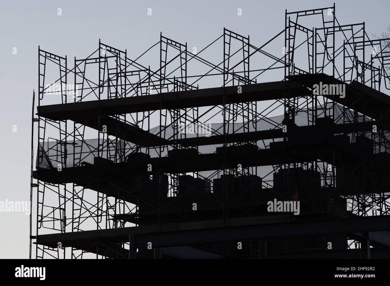 Scaffolding in place for construction of elevator shafts in an ...