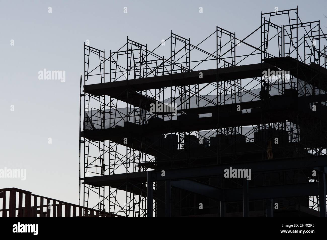 Scaffolding in place for construction of elevator shafts in an ...