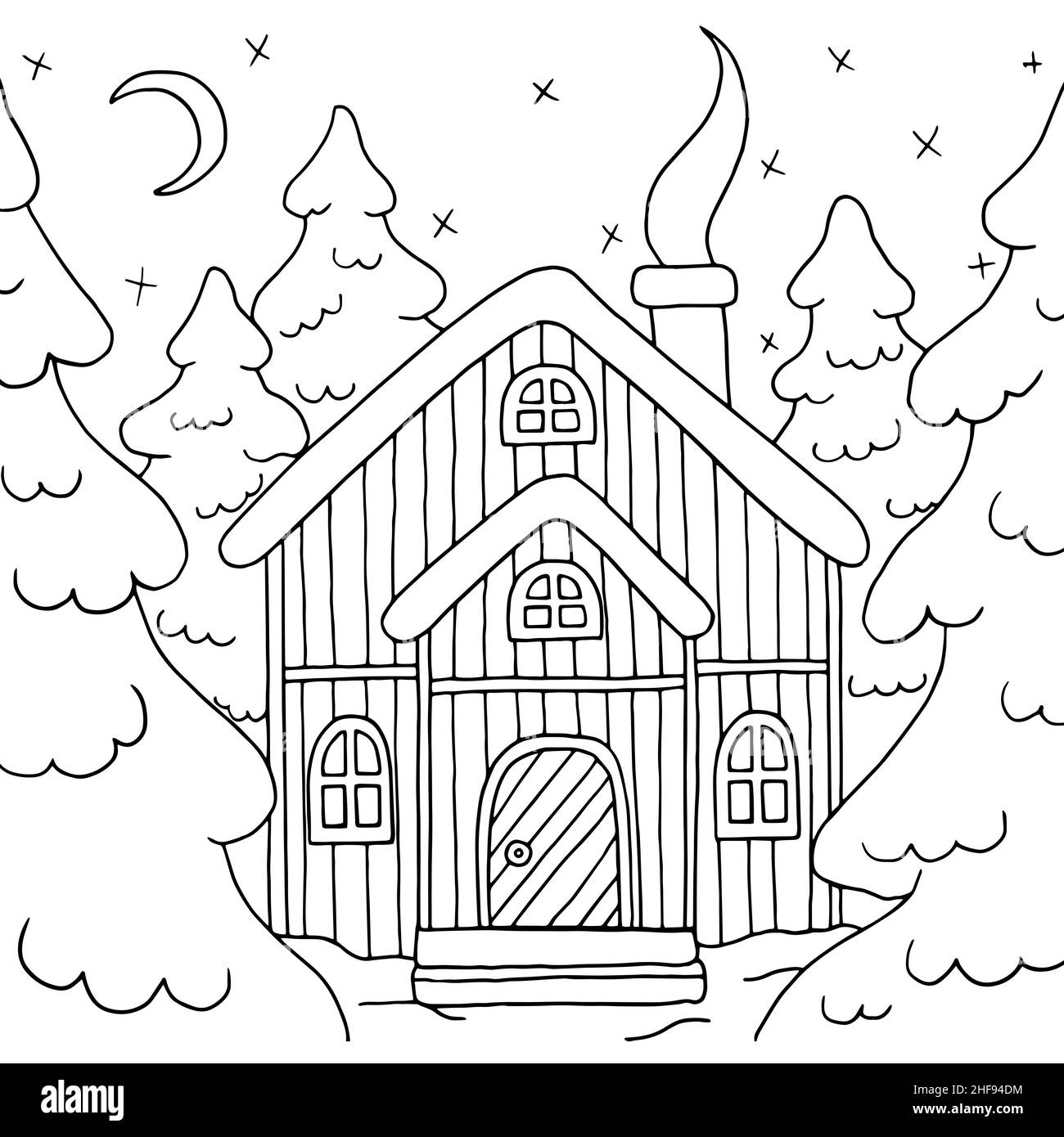 A Christmas house in a winter forest surrounded by snow-covered fir ...