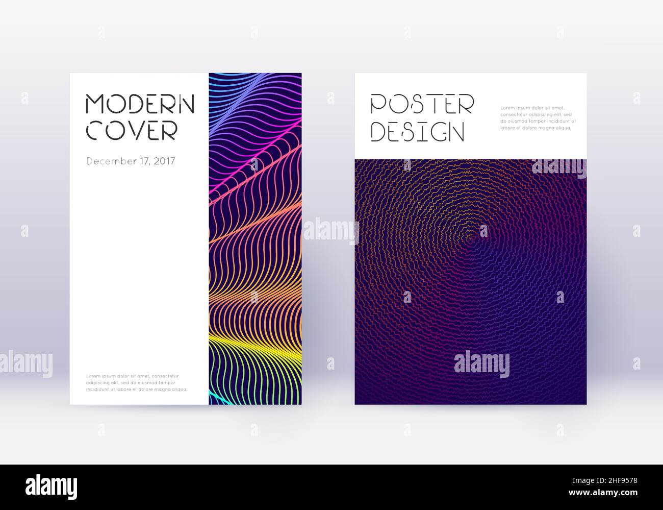 Minimal cover design template set. Rainbow abstract lines on dark blue ...