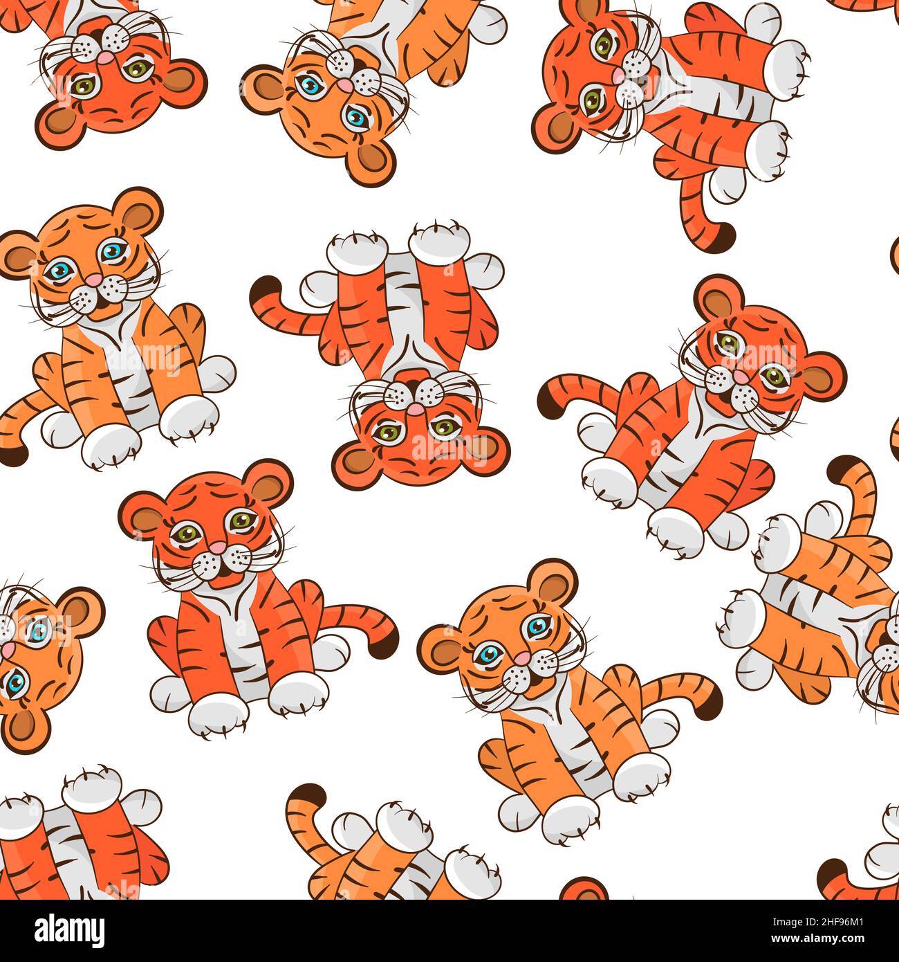 Vector seamless pattern with cute tigers on a white background, for ...