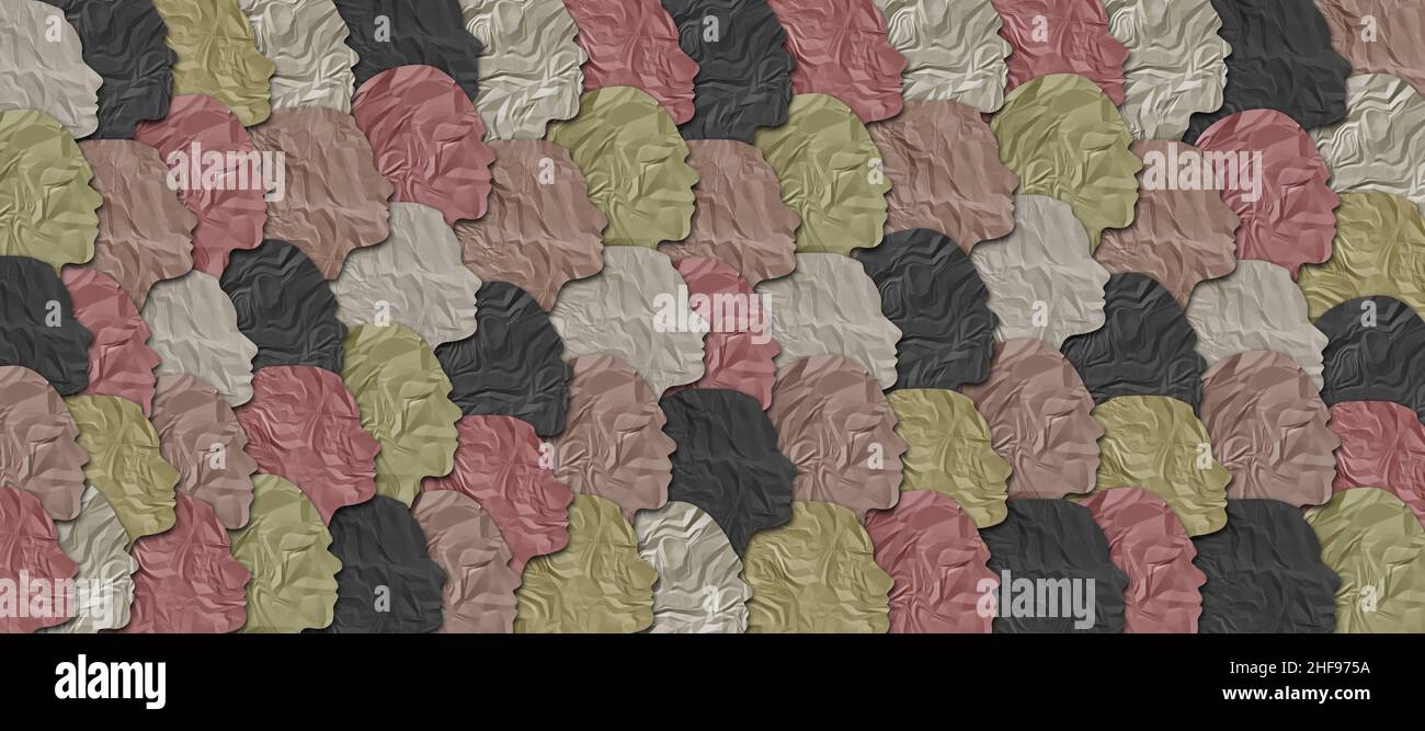 Diverse group of people (heads), both men and women, looking in one ...