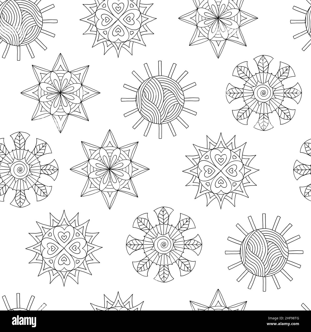 Vector seamless pattern with a set of hand-drawn abstract suns ...