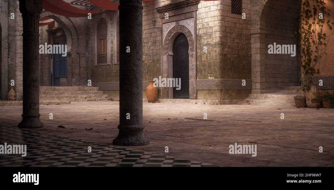 Empty courtyard in an Arabian town with stone buildings, tiled floor ...