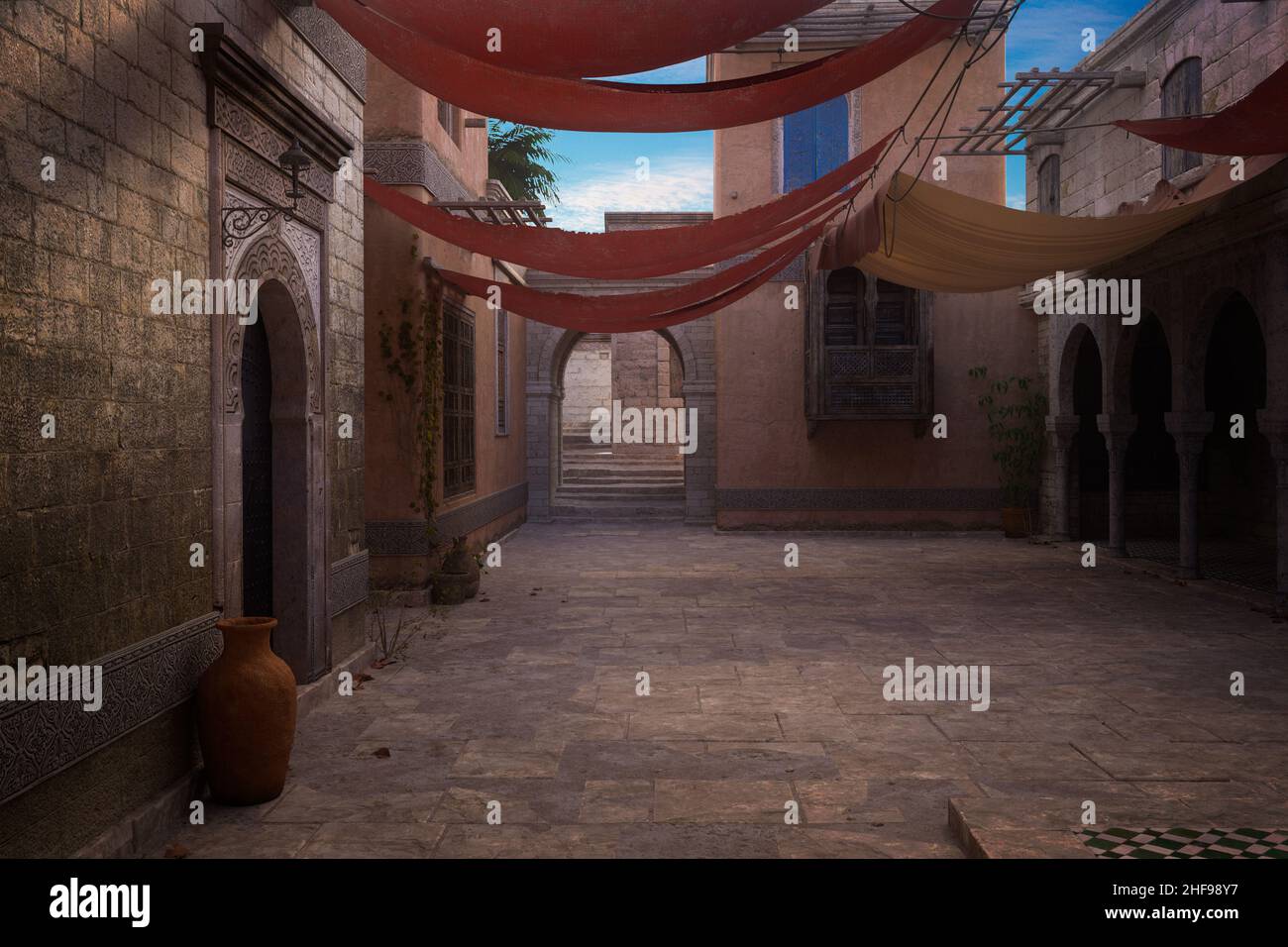 Empty courtyard in an old medieval Moroccan town with an archway ...