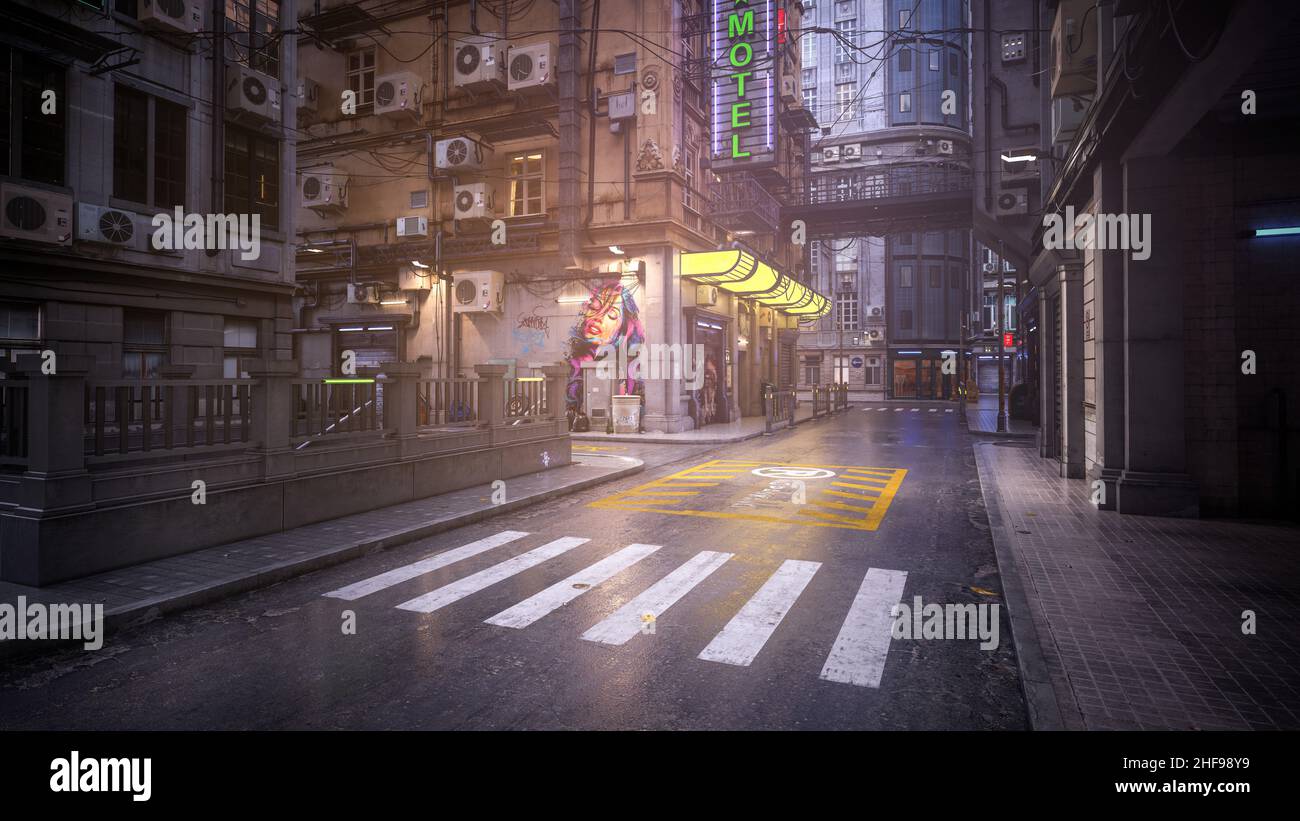 3D illustration of a dark moody street at night in a seedy downtown urban city environment Stock ...