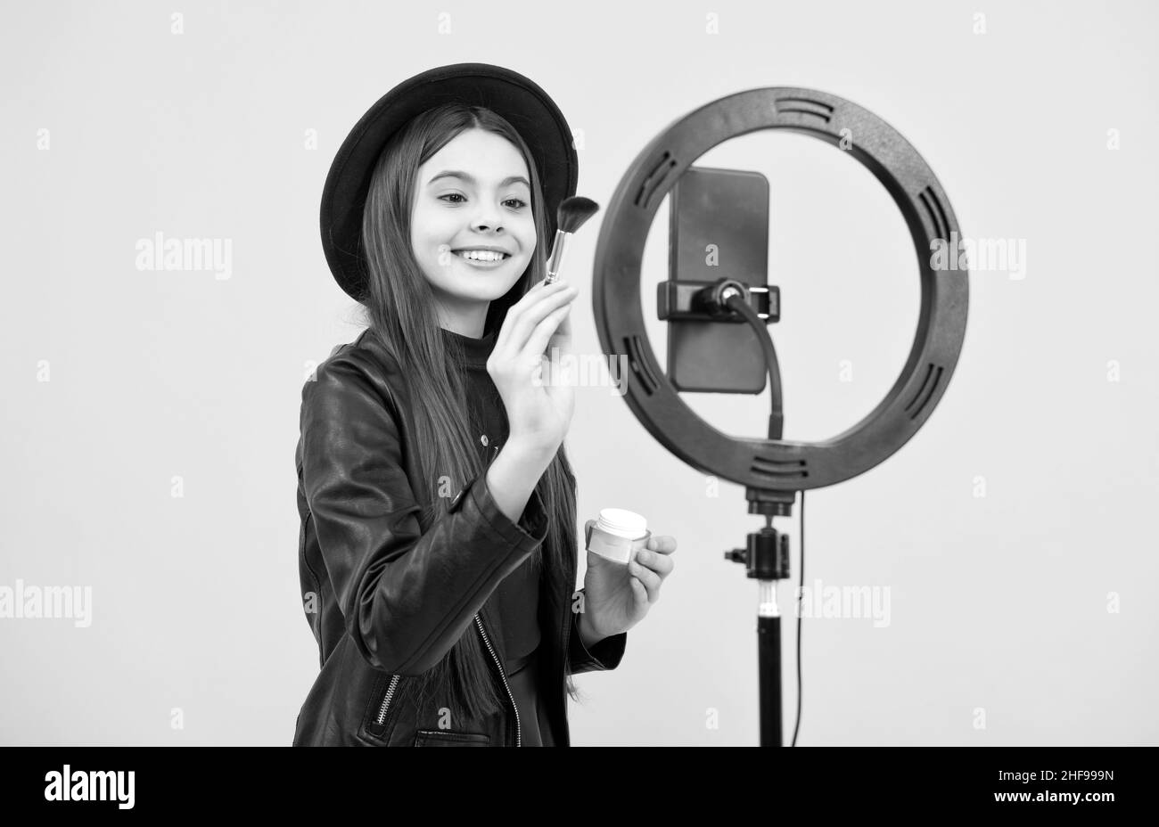 happy teen girl blogger use selfie led lamp and smartphone, makeup ...