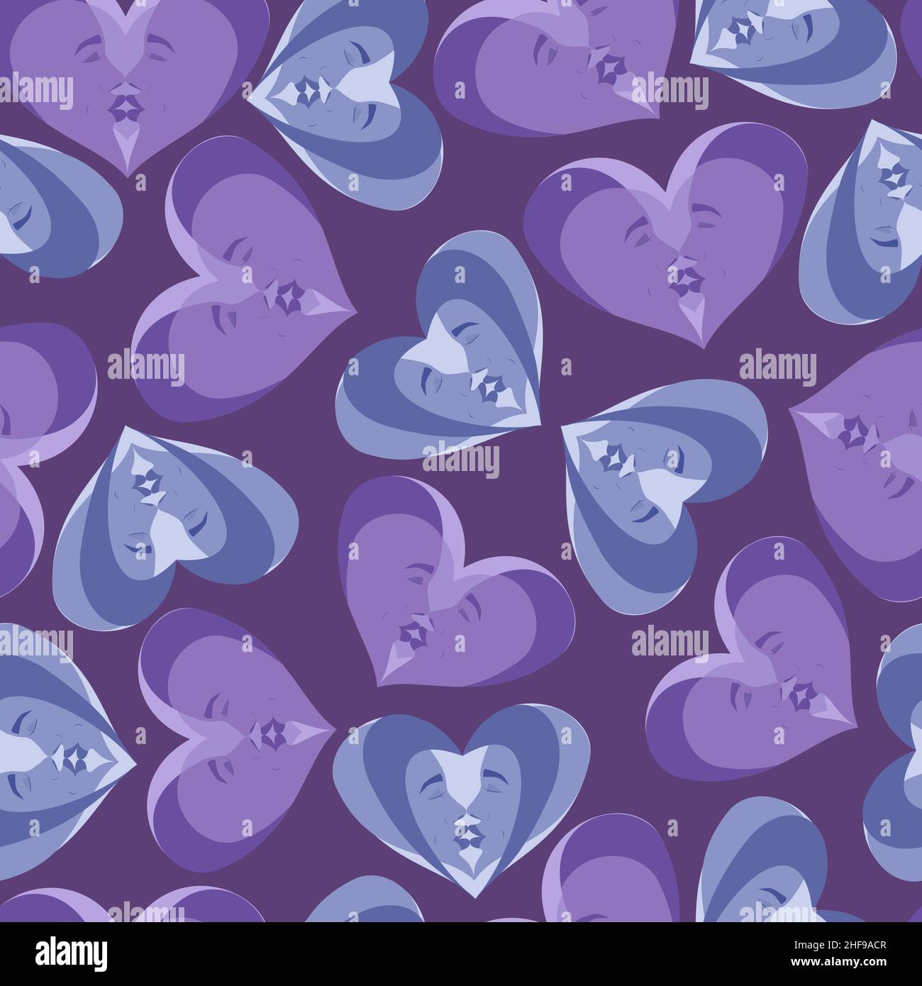 Seamless pattern of hearts in purple and blue tones on a lilac ...