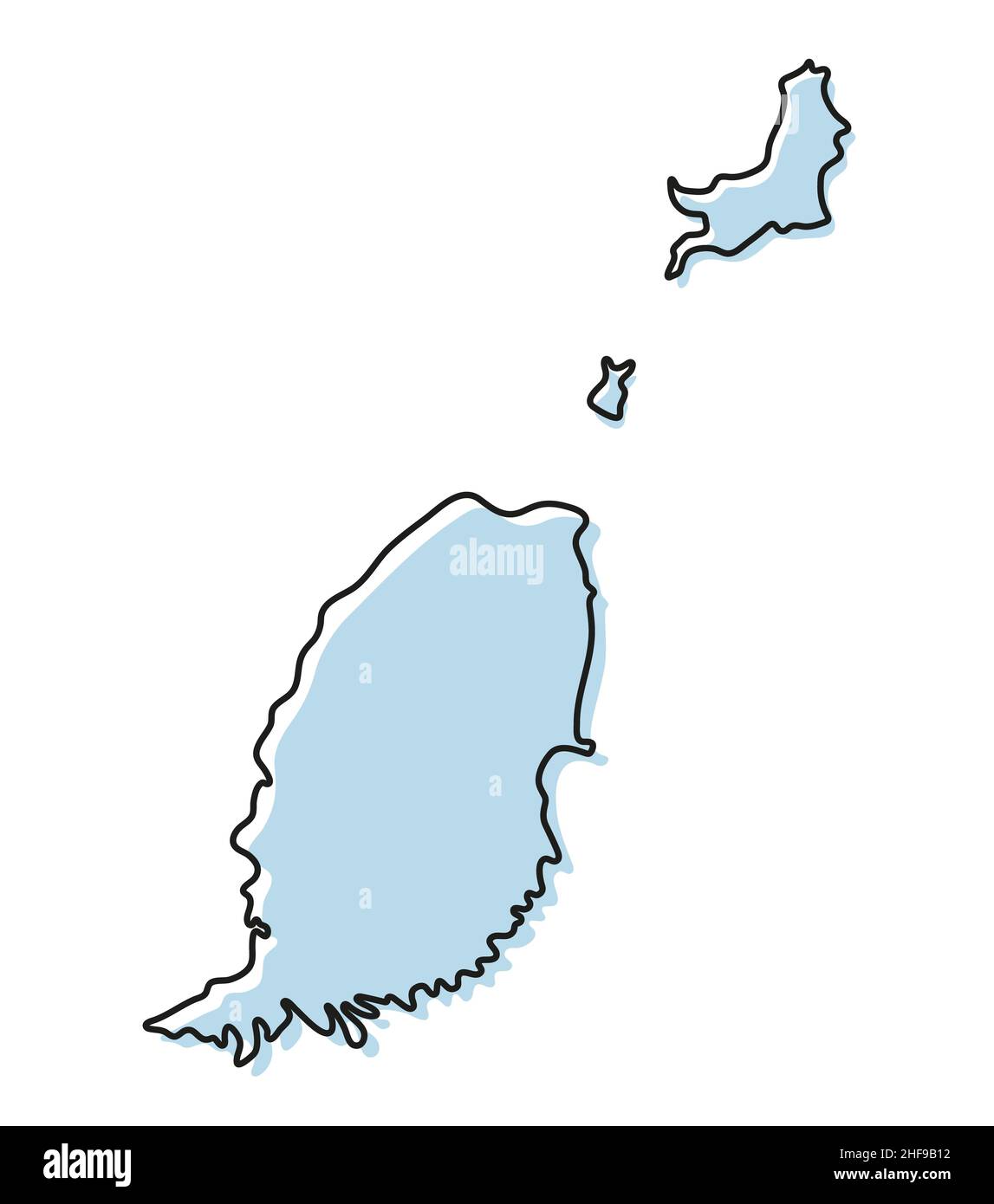 Stylized simple outline map of Grenada icon. Blue sketch map of Grenada ...