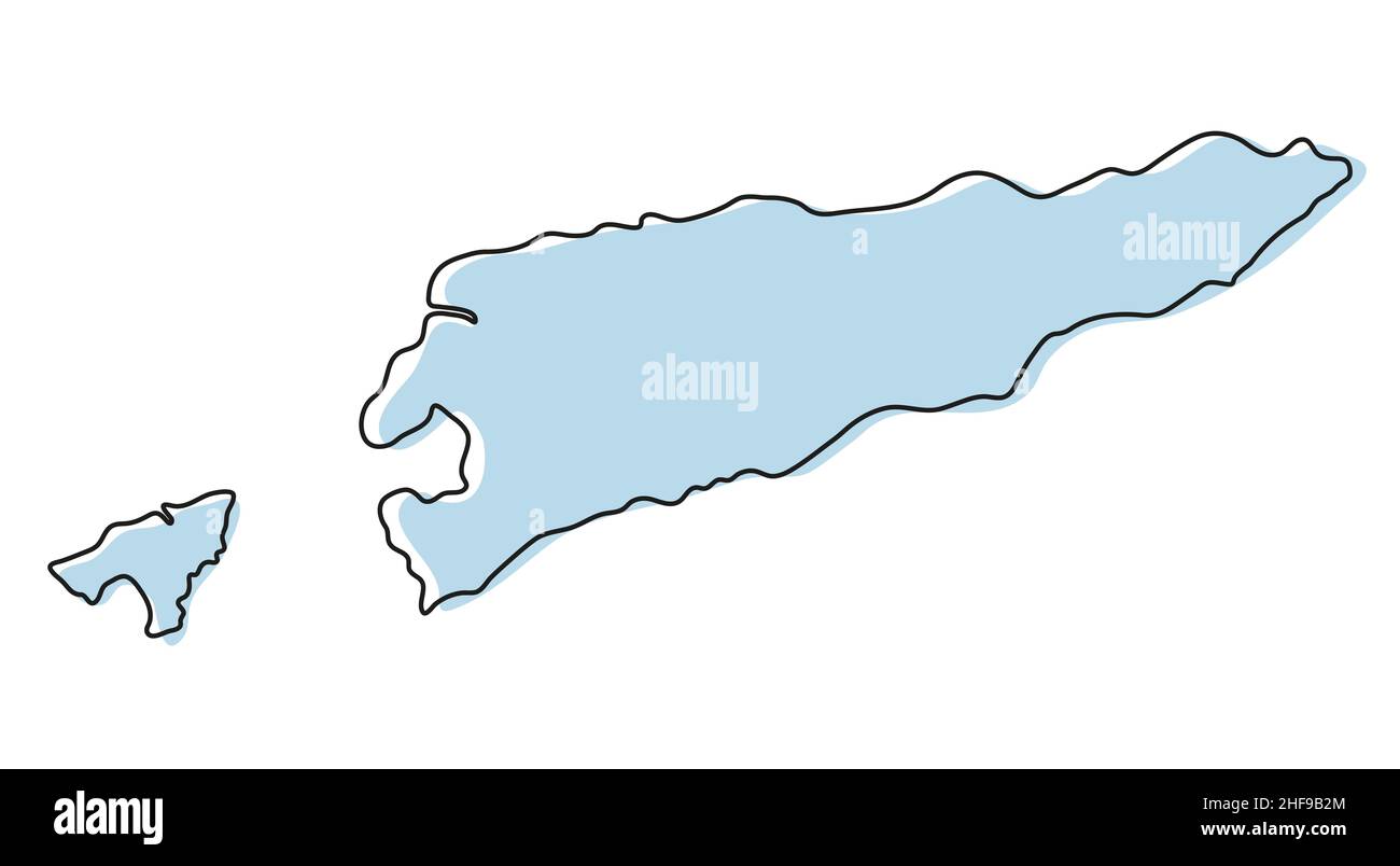 Stylized simple outline map of East Timor icon. Blue sketch map of East ...