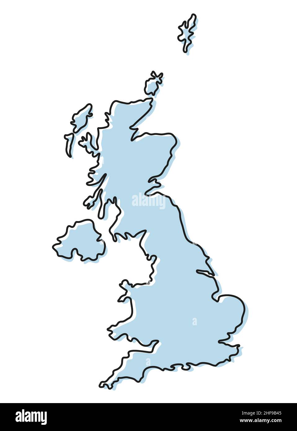 Stylized simple outline map of United Kingdom icon. Blue sketch map of ...