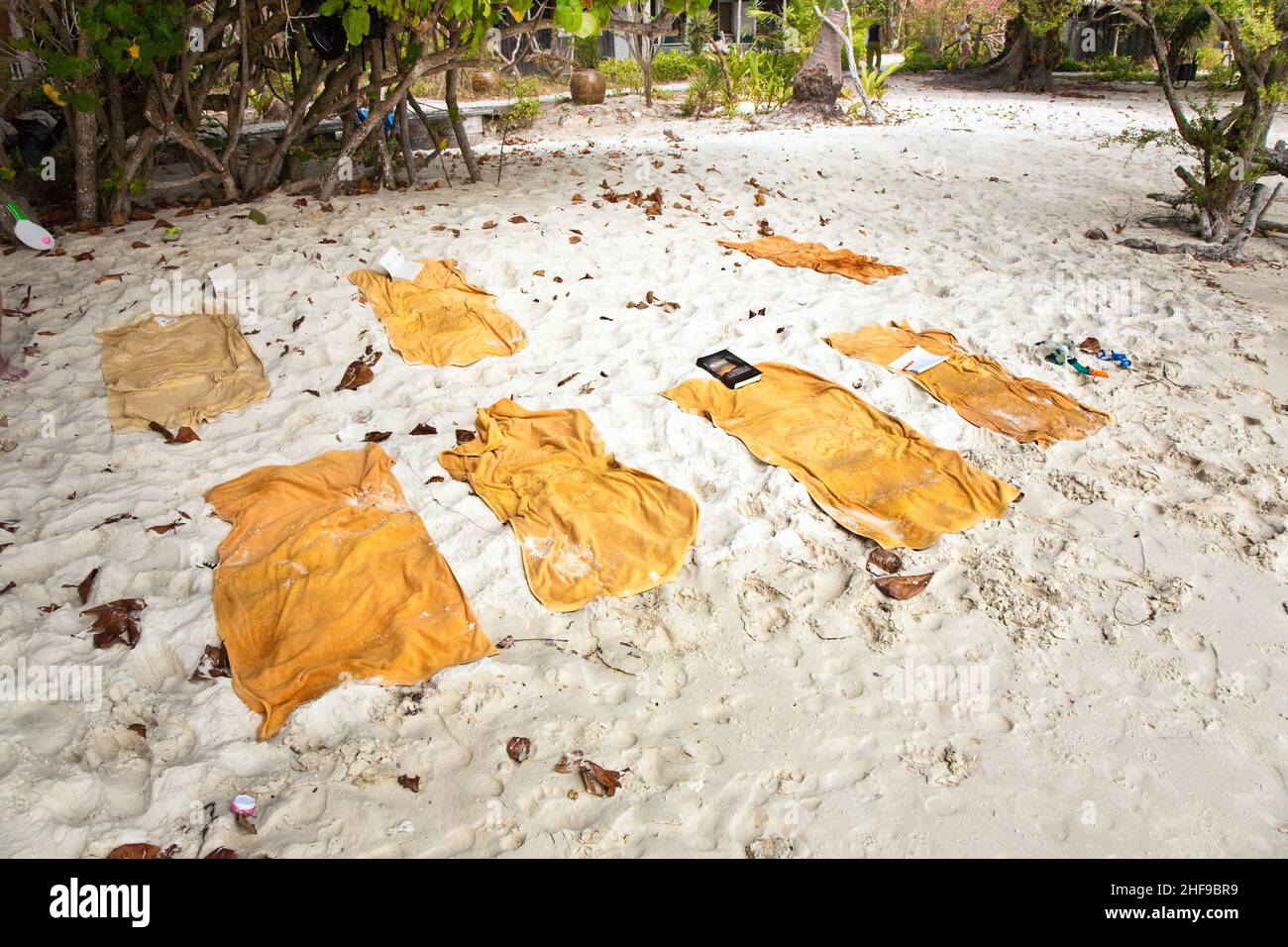 yellow beach towels are placed at the beautiful fine beach Stock Photo ...