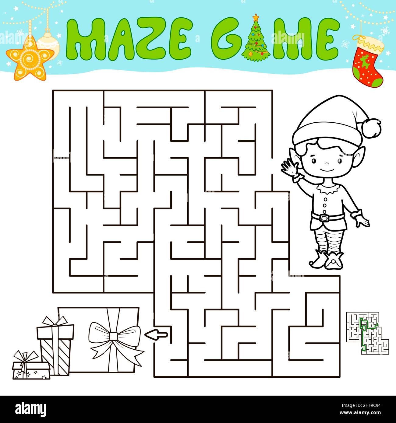 Christmas Maze puzzle game for children. Outline maze or labyrinth game ...
