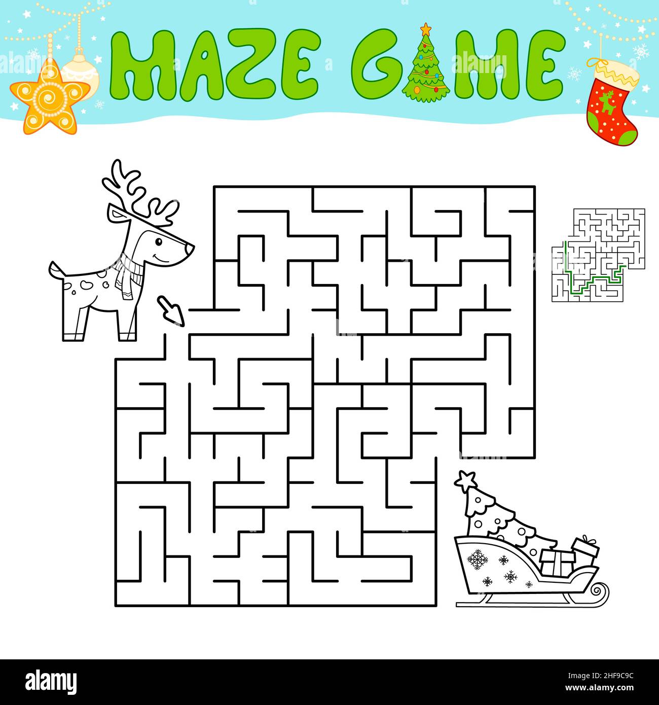 Christmas Maze puzzle game for children. Outline maze or labyrinth game ...