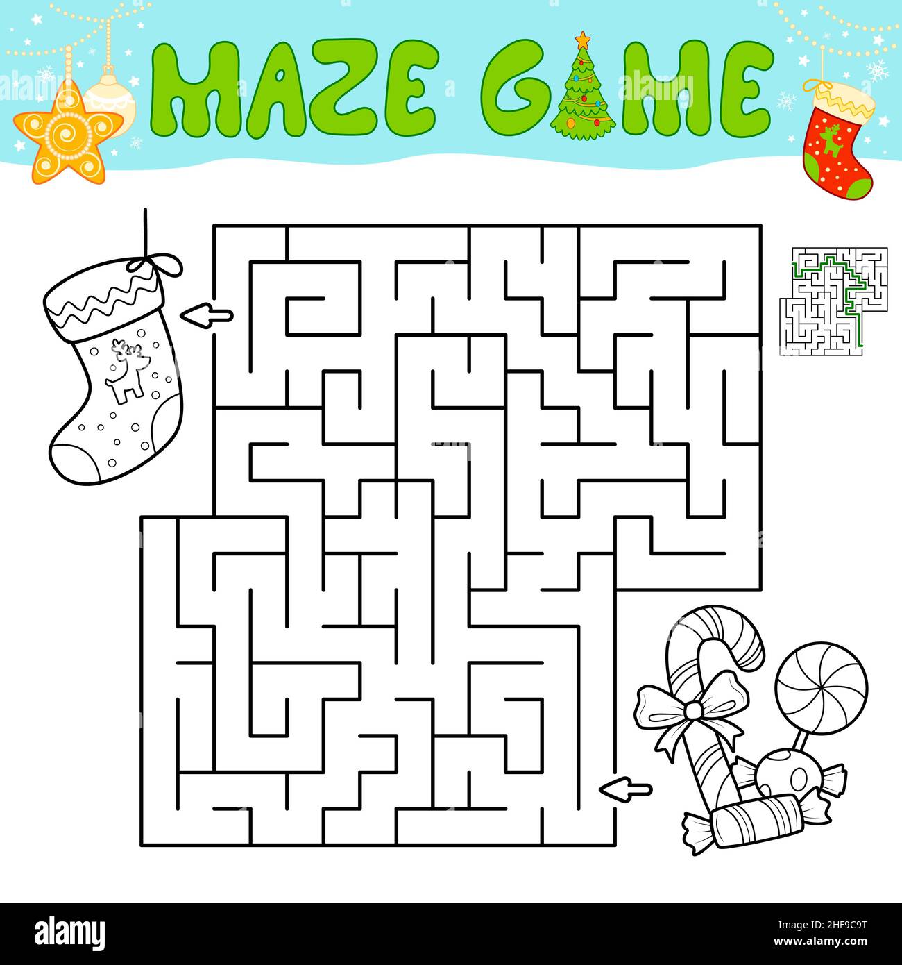Christmas Maze puzzle game for children. Outline maze or labyrinth game ...