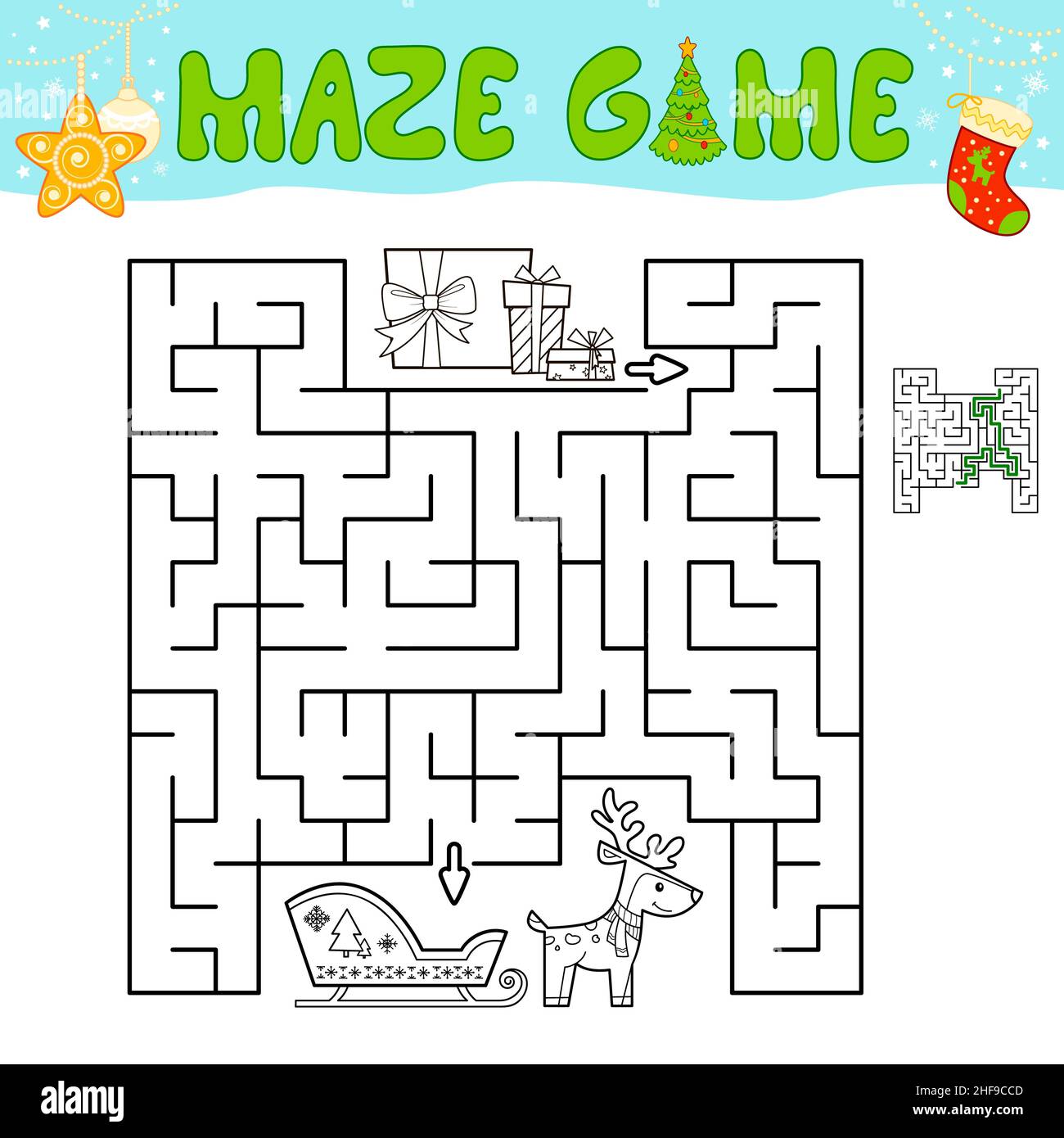 Christmas Maze puzzle game for children. Outline maze or labyrinth game ...