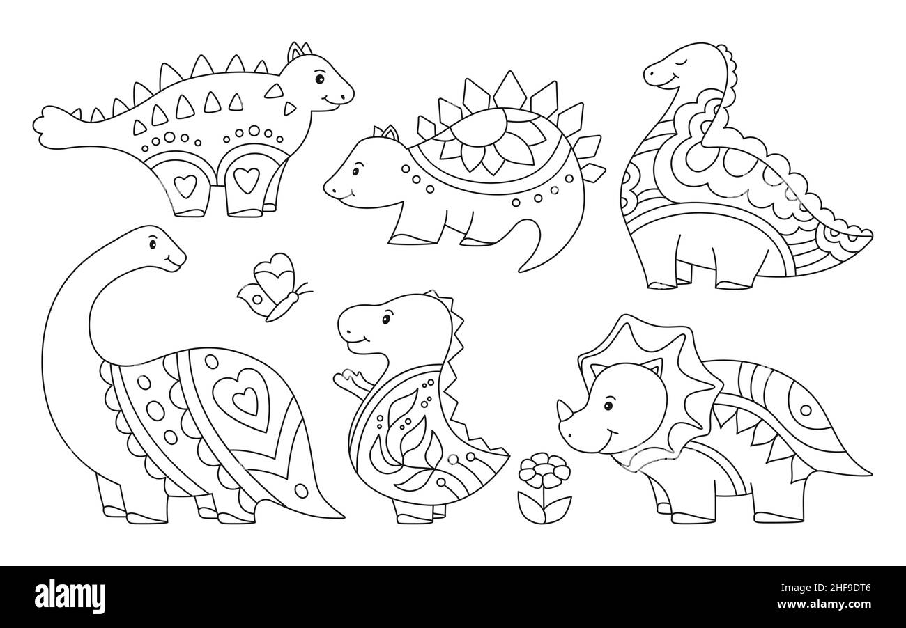 Dinosaur doodle outline set. Reptile cartoon collection dino childish ...