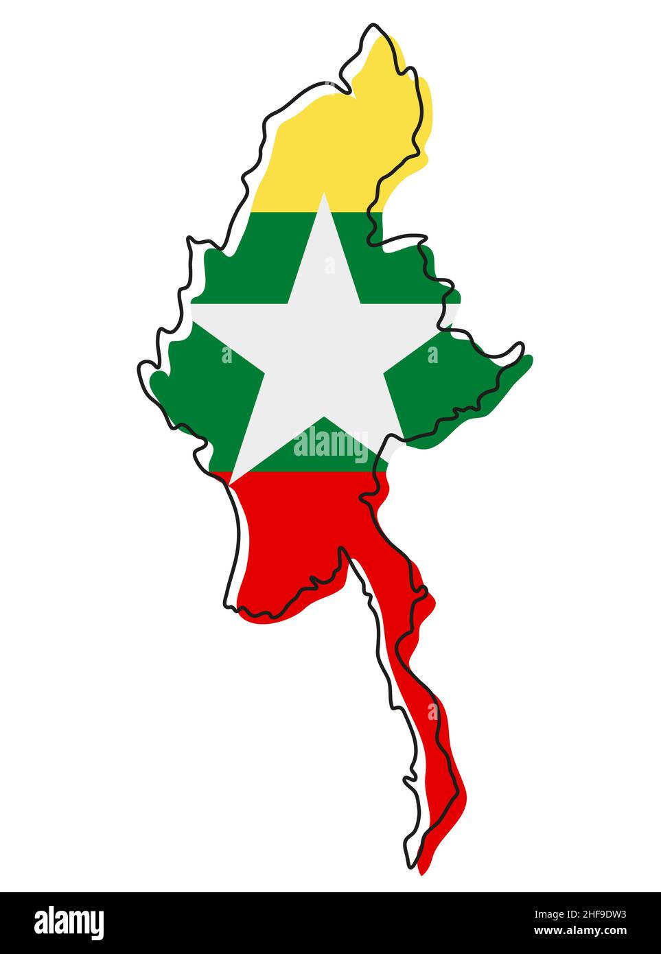 Stylized outline map of Burma with national flag icon. Flag color map ...
