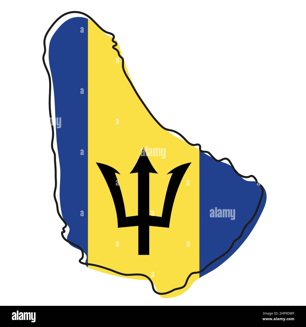 Stylized outline map of Barbados with national flag icon. Flag color ...
