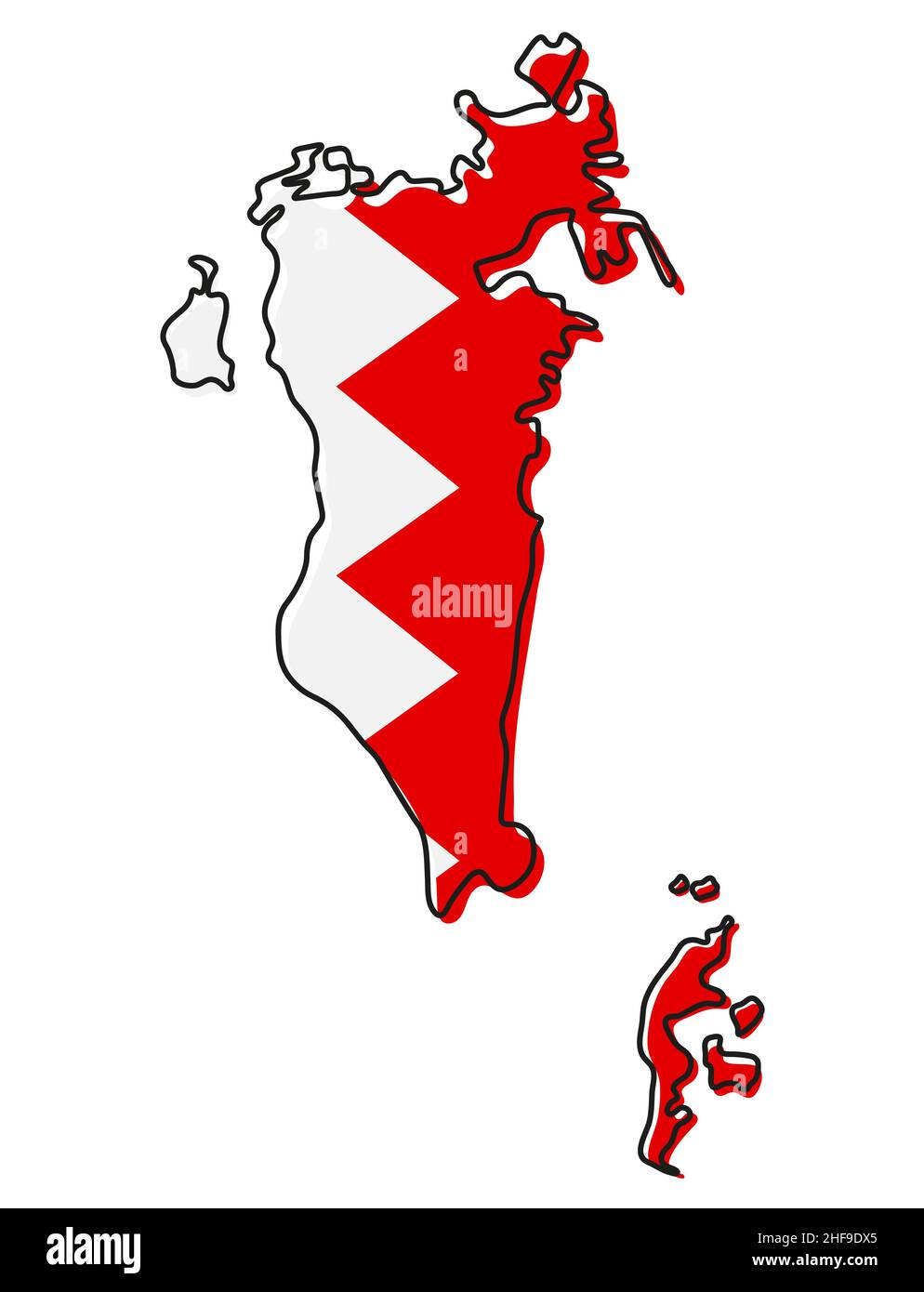 Stylized outline map of Bahrain with national flag icon. Flag color map ...