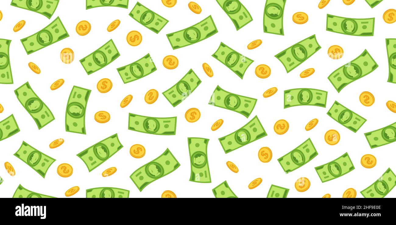 Money rain flat cartoon wallpaper. Seamless pattern green paper notes ...