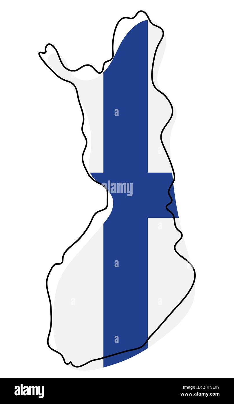 Stylized outline map of Finland with national flag icon. Flag color map ...