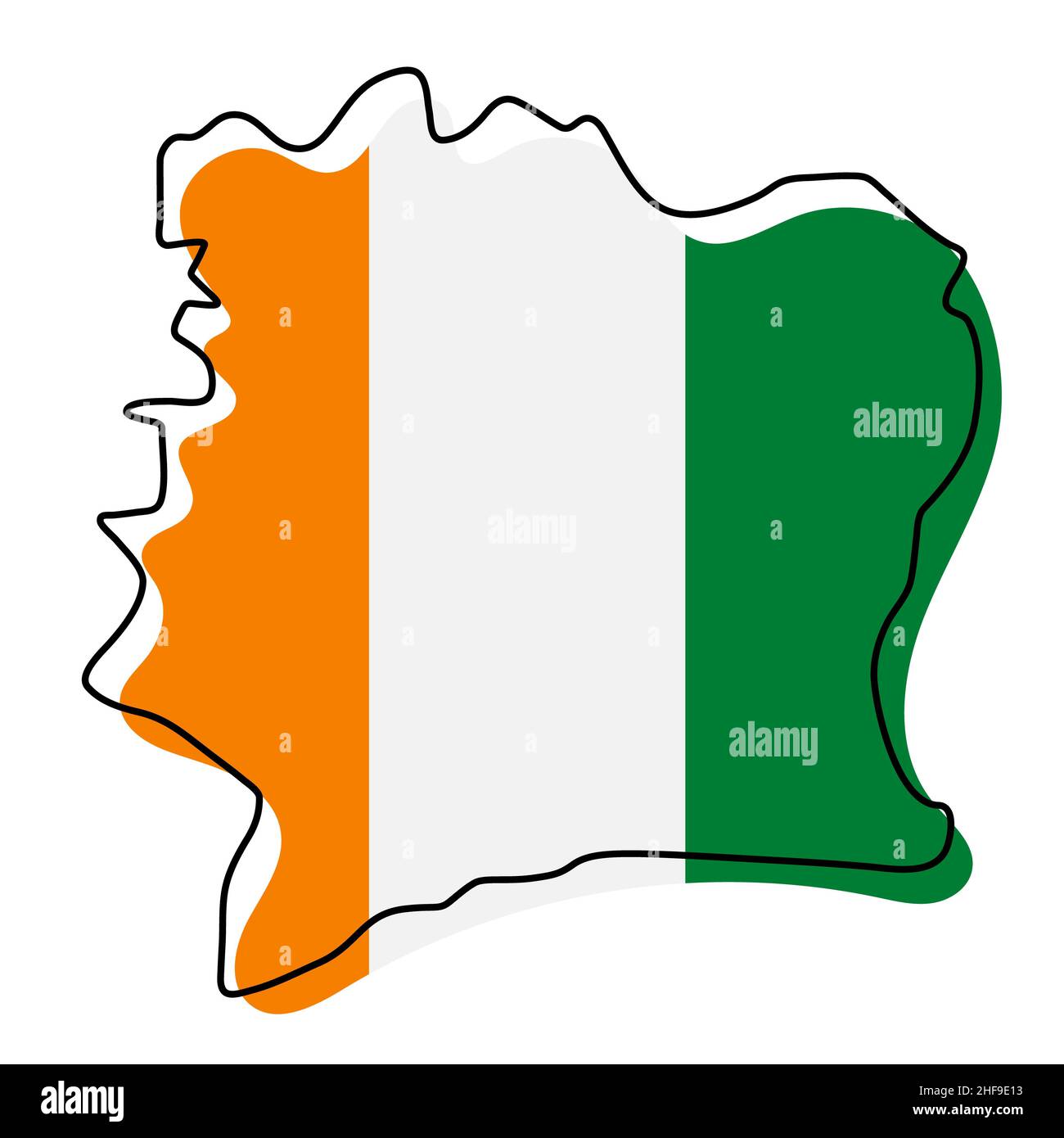 Stylized outline map of Cote d'ivoire with national flag icon. Flag ...