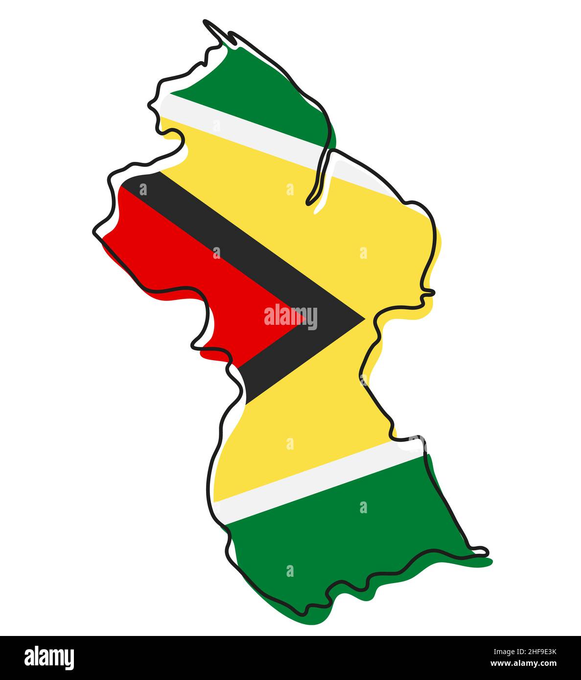 Stylized outline map of Guyana with national flag icon. Flag color map ...
