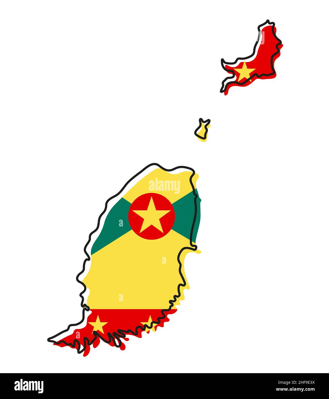 Stylized outline map of Grenada with national flag icon. Flag color map ...