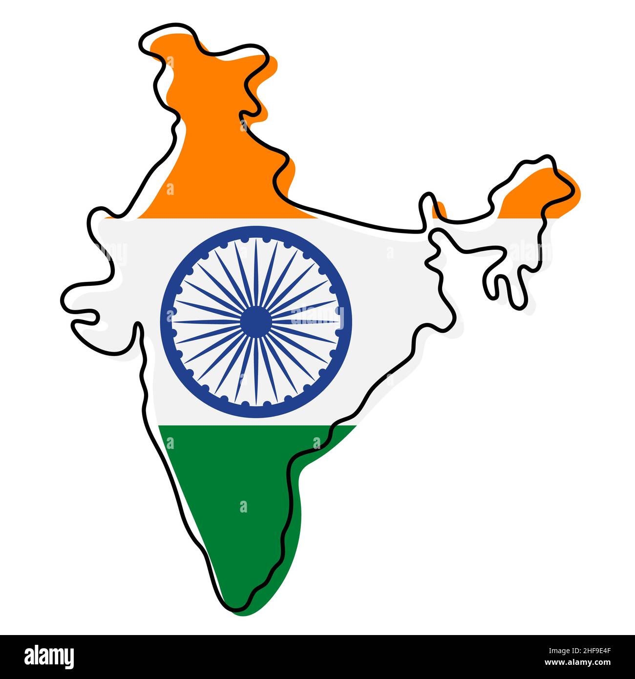 Stylized outline map of India with national flag icon. Flag color map ...