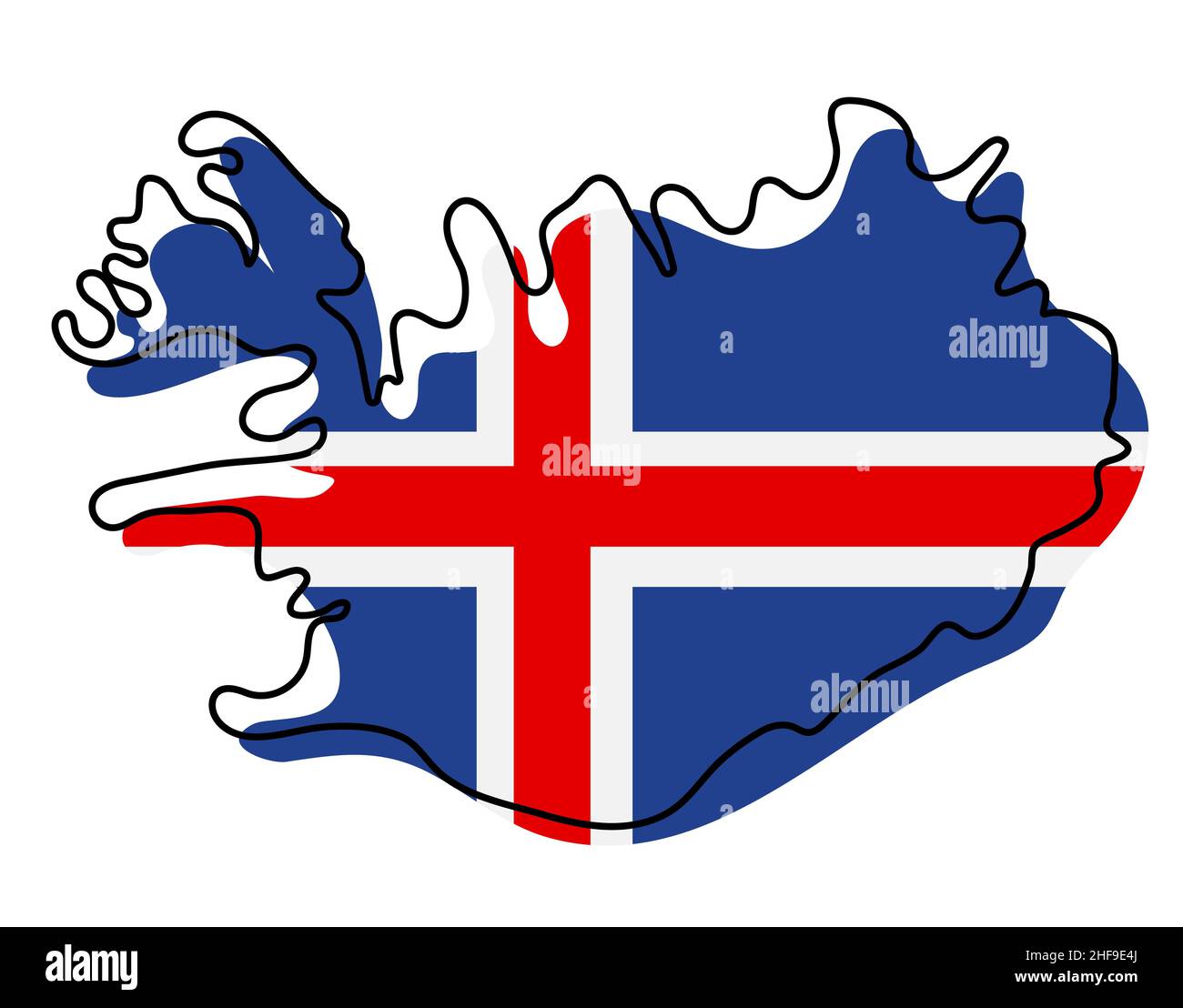 Stylized outline map of Iceland with national flag icon. Flag color map ...