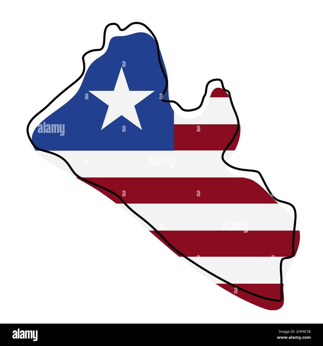 Stylized outline map of Liberia with national flag icon. Flag color map ...