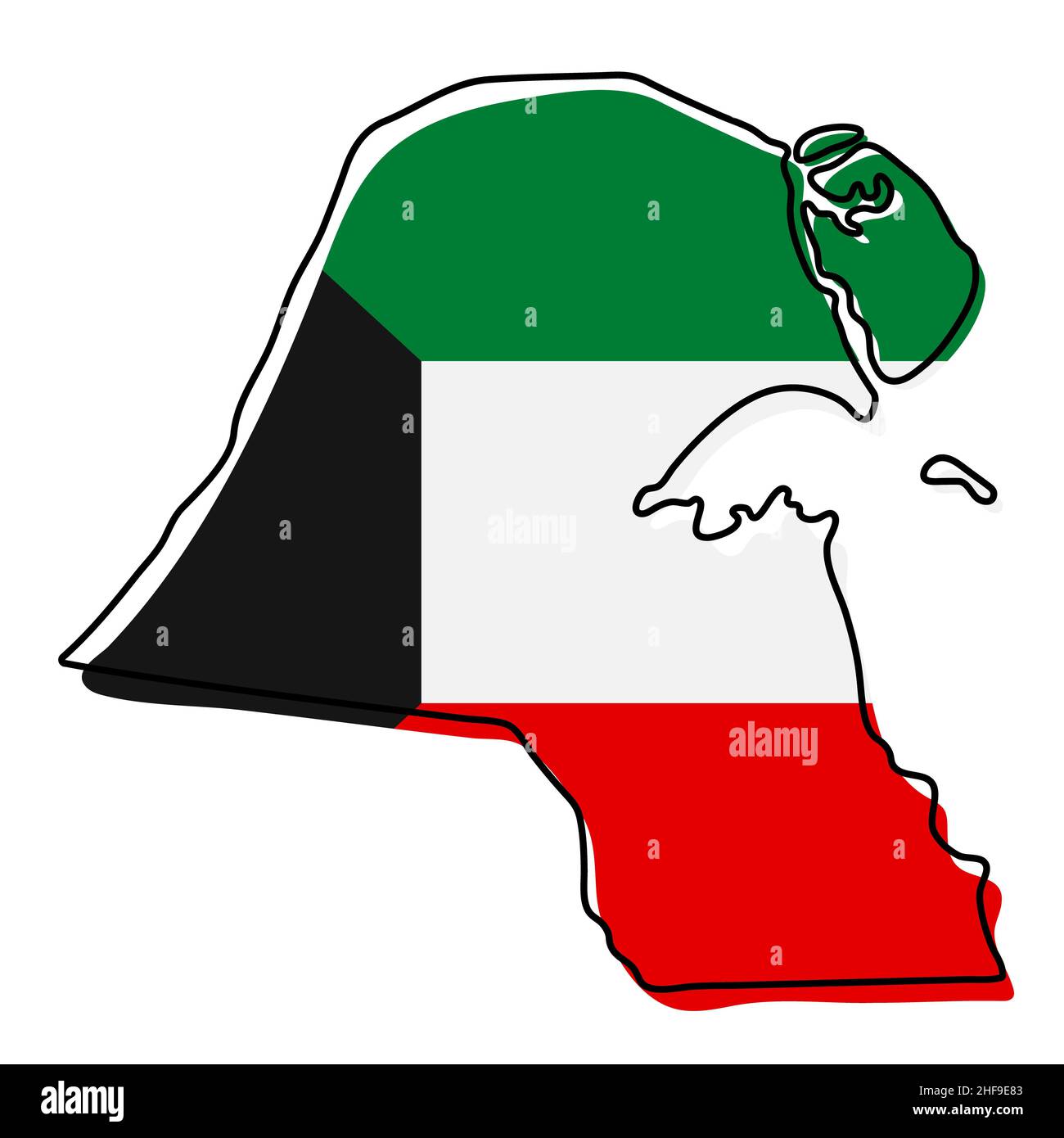 Stylized outline map of Kuwait with national flag icon. Flag color map ...