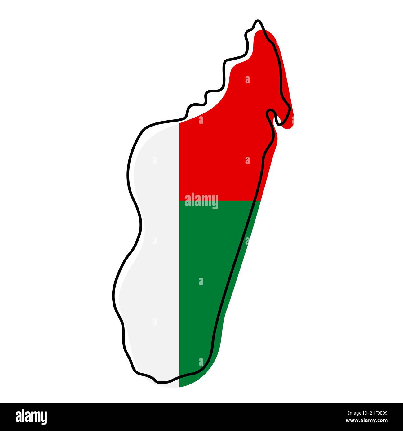 Stylized outline map of Madagascar with national flag icon. Flag color ...