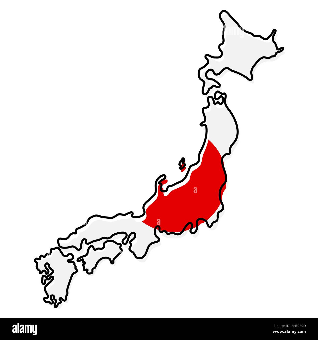 Stylized outline map of Japan with national flag icon. Flag color map ...