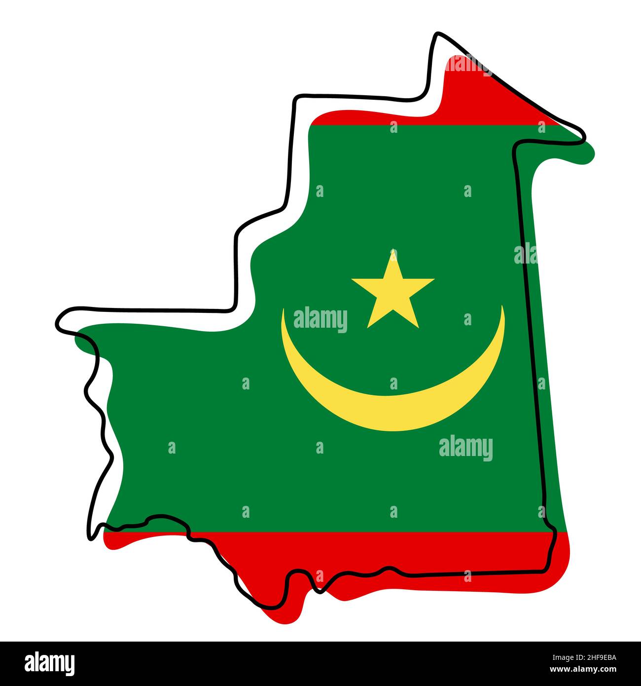 Stylized outline map of Mauritania with national flag icon. Flag color ...