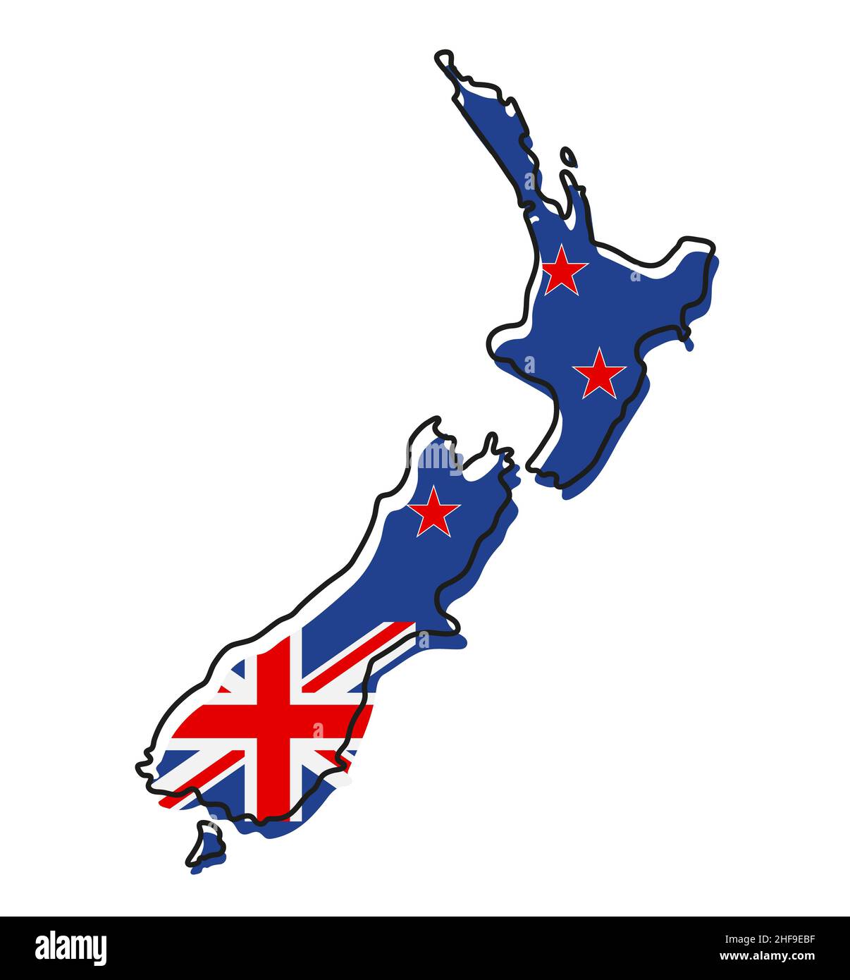Stylized outline map of New Zealand with national flag icon. Flag color ...