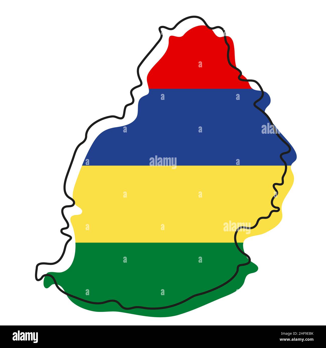 Stylized outline map of Mauritius with national flag icon. Flag color ...