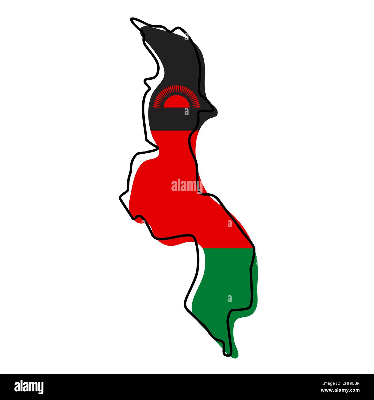 Stylized outline map of Malawi with national flag icon. Flag color map ...