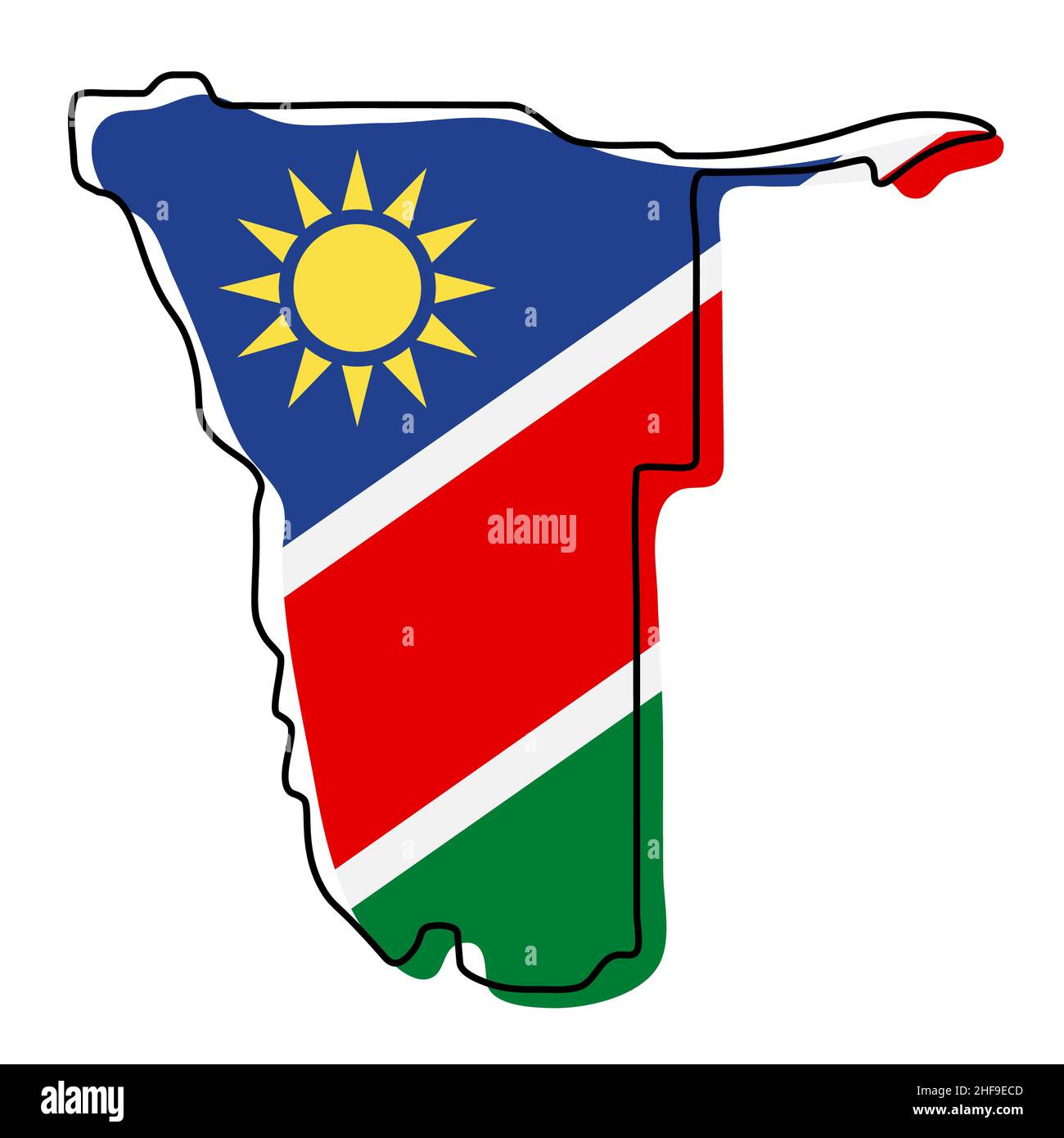 Stylized outline map of Namibia with national flag icon. Flag color map ...