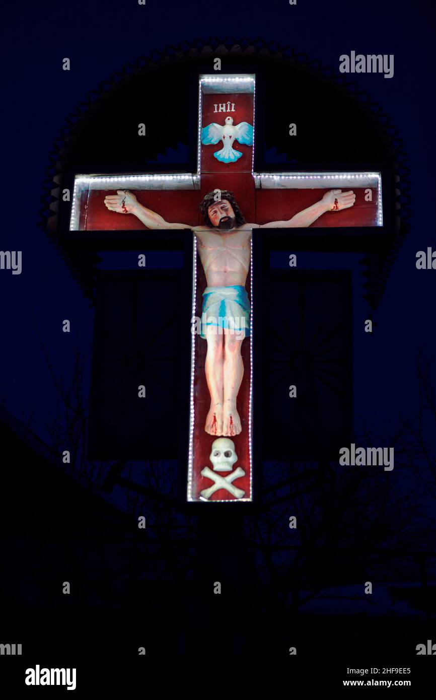 Jesus in the night . Statue of Jesus Christ at Crucifixion . Wooden ...