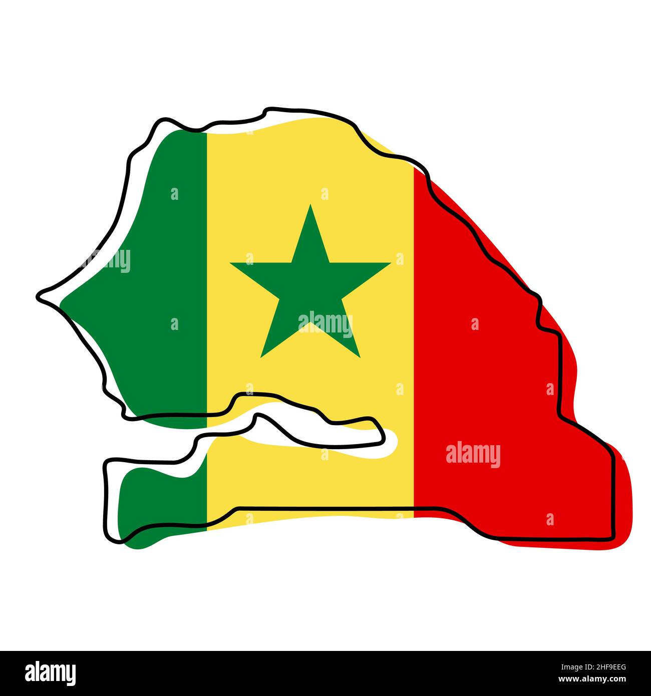 Stylized outline map of Senegal with national flag icon. Flag color map ...