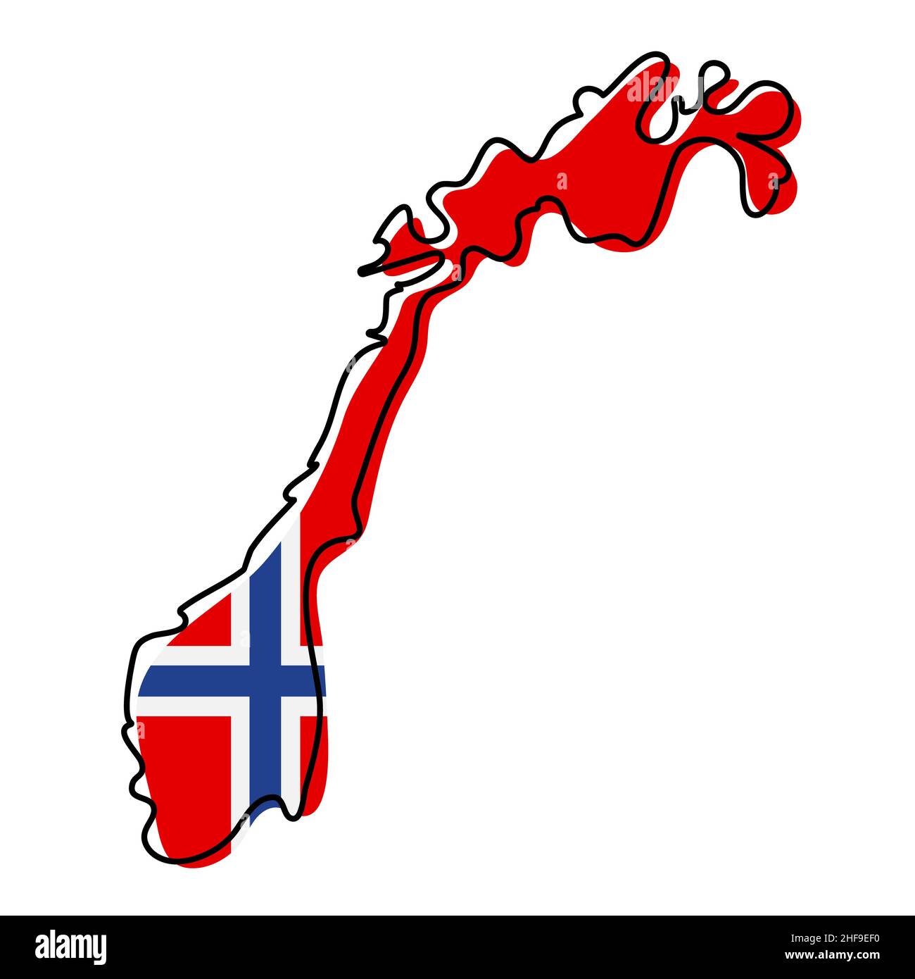 Stylized outline map of Norway with national flag icon. Flag color map ...