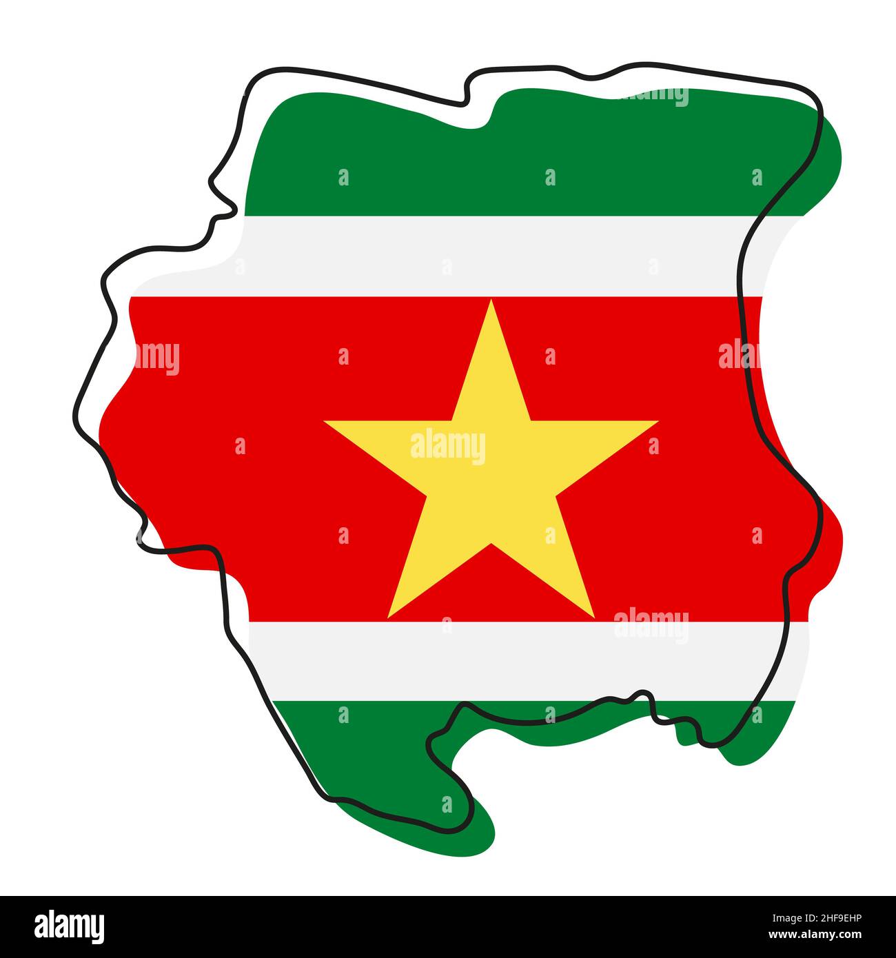 Stylized outline map of Suriname with national flag icon. Flag color ...