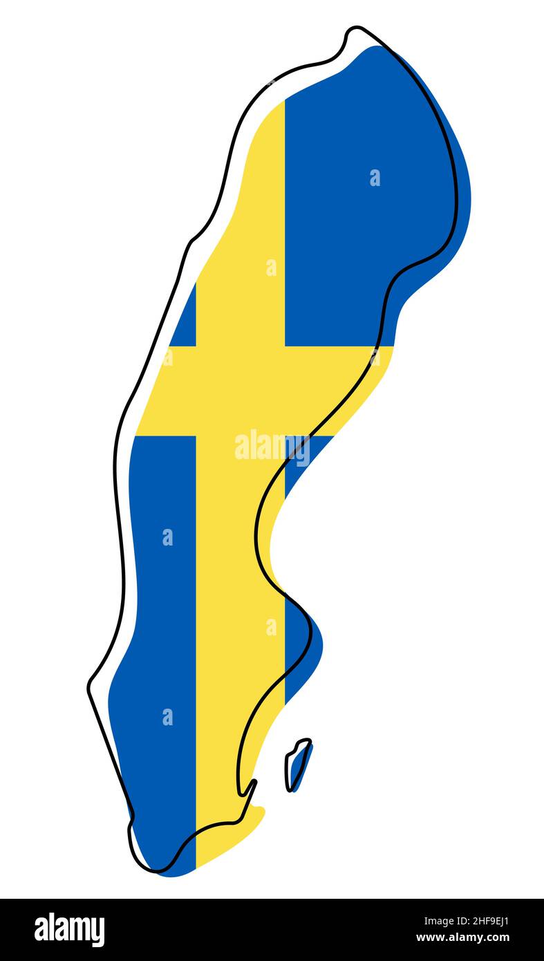Stylized outline map of Sweden with national flag icon. Flag color map ...