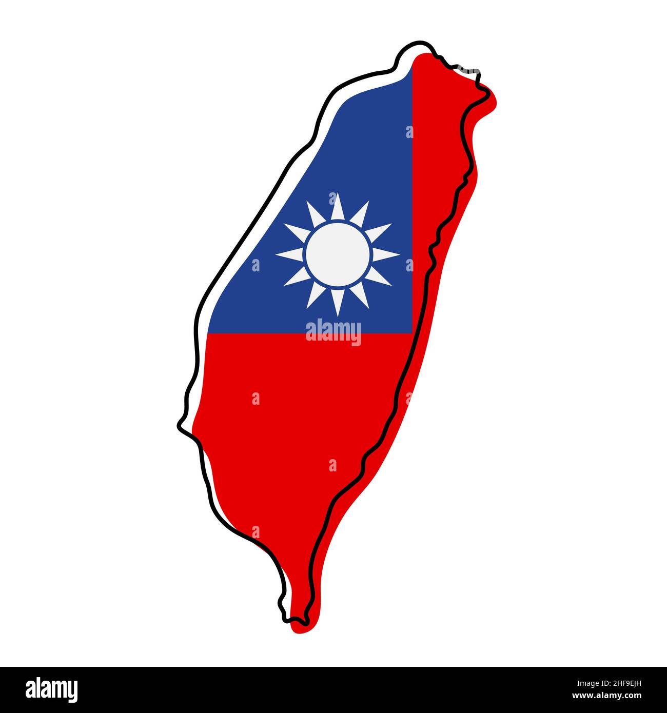 Stylized outline map of Taiwan with national flag icon. Flag color map ...